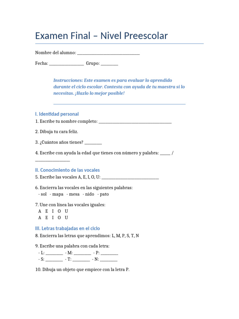 Examen Final de Preescolar 2023 | PDF