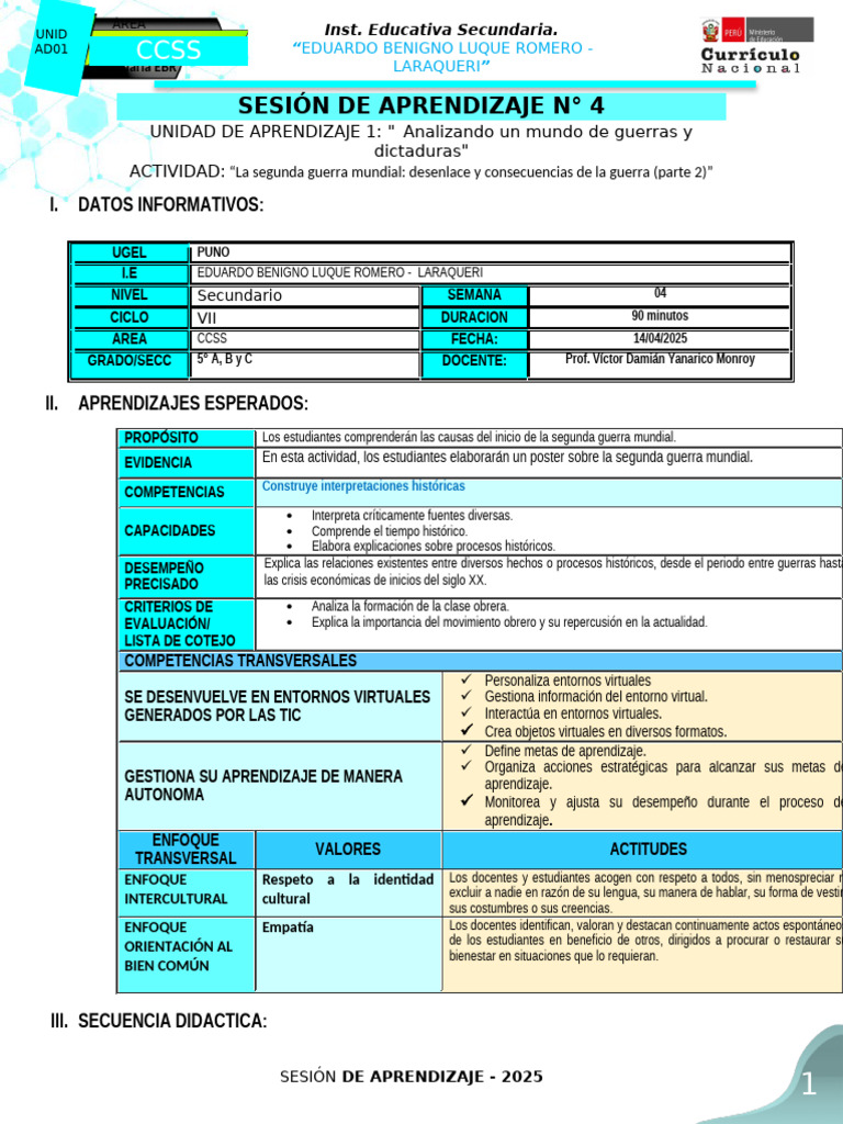2 Sesion CCSS 5° Sec-Semana 04 | PDF | Enseñando | Aprendizaje