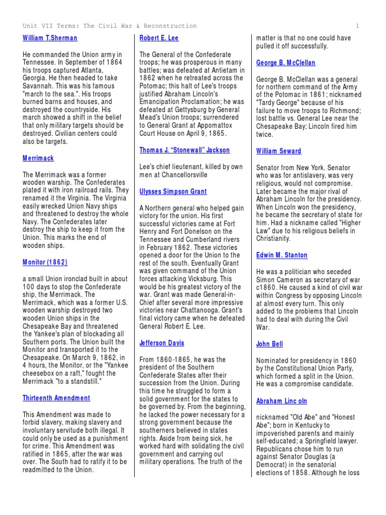 Unit VII Terms: The Civil War & Reconstruction | PDF | American Civil ...