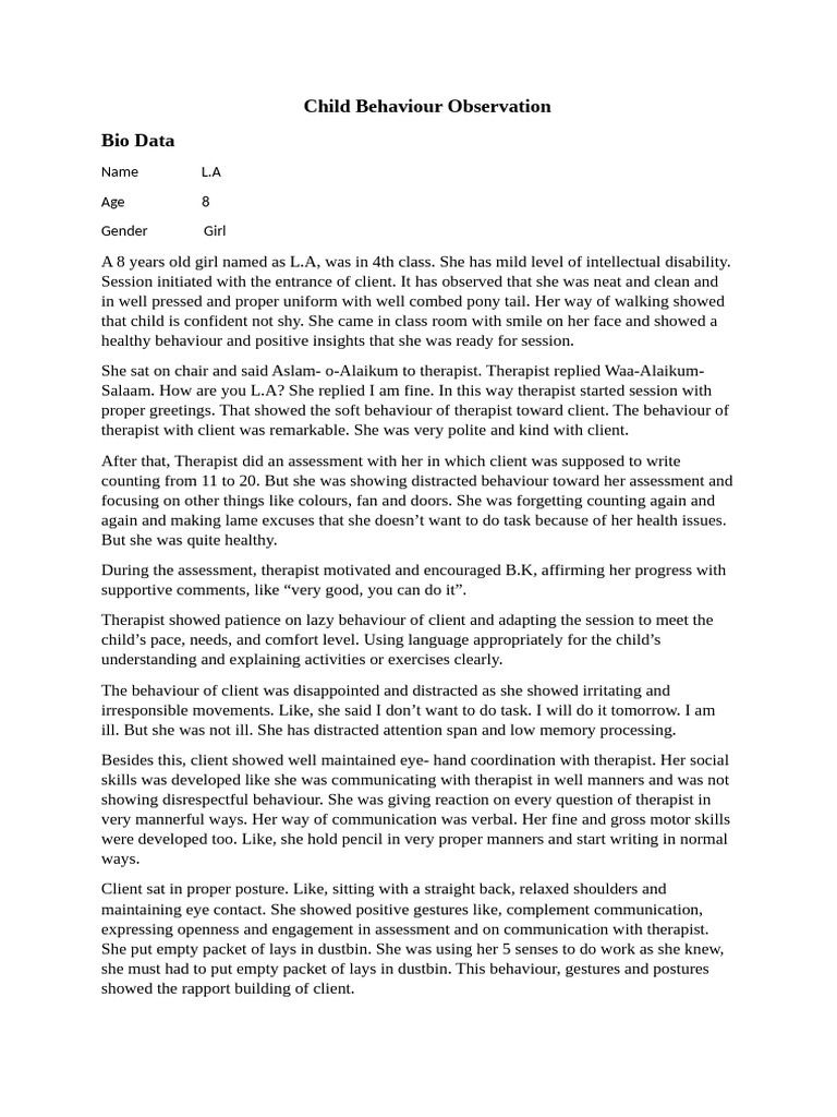 Child Behavior Observation Report | PDF | Communication | Psychological ...
