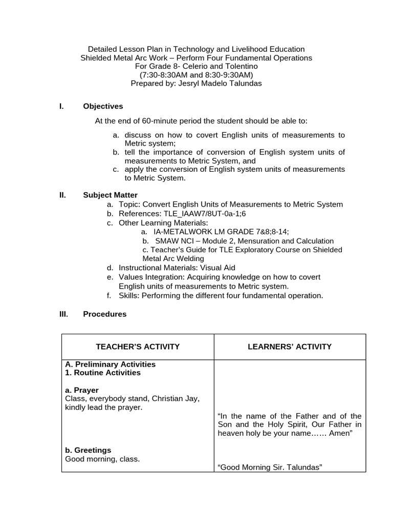 Detailed Lesson Plan in Convert English Units of Measurements To Metric ...