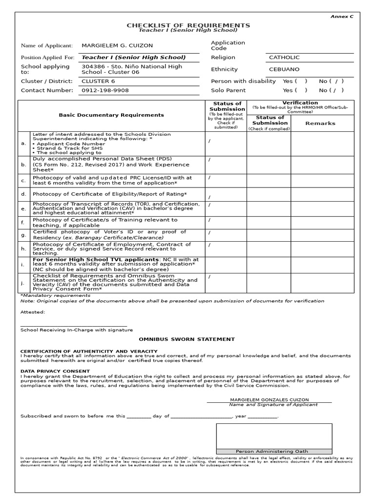 Memo - 1 (For Applicants) - Annex C CHECKLIST | PDF