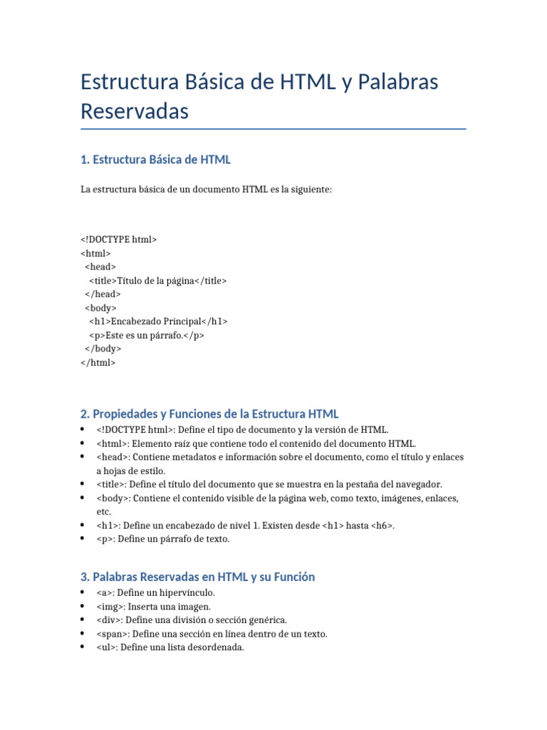 Estructura HTML y Palabras Reservadas | PDF