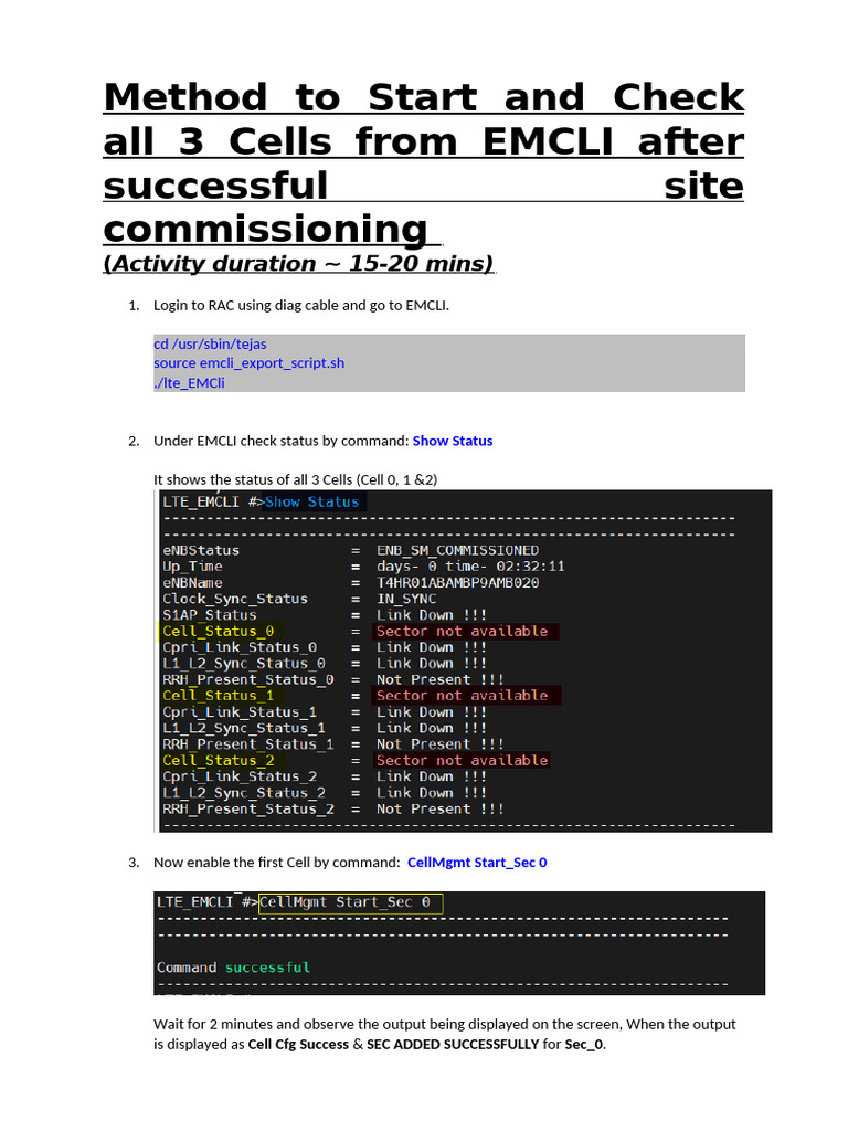 Method To Start and Check All 3 Cells From EMCLI After Successful Site Commissioning | PDF