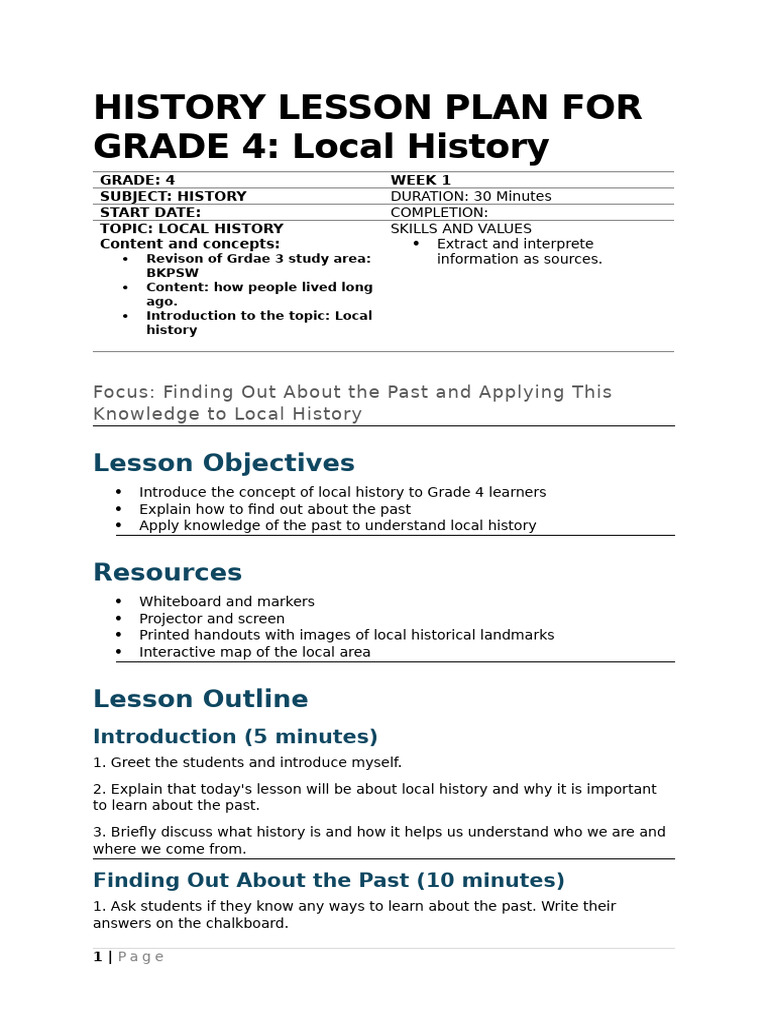 Grade 4 Local History Lesson Plan | PDF | Information | Lesson Plan