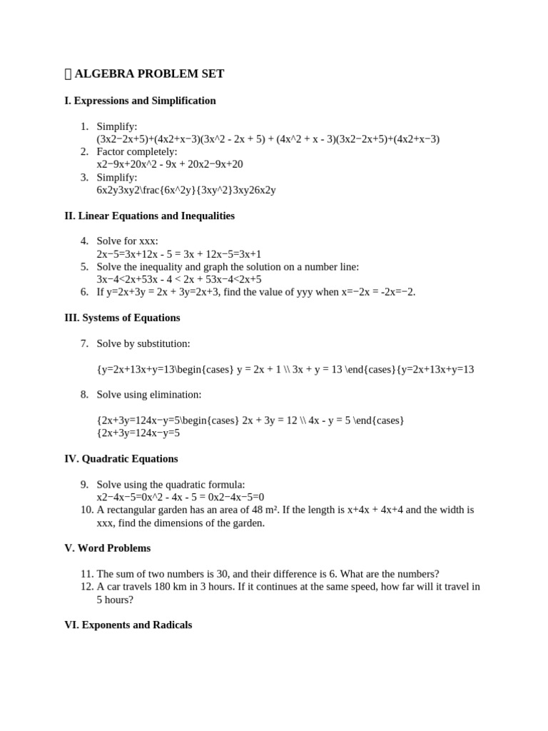 ? Algebra Problem Set | PDF