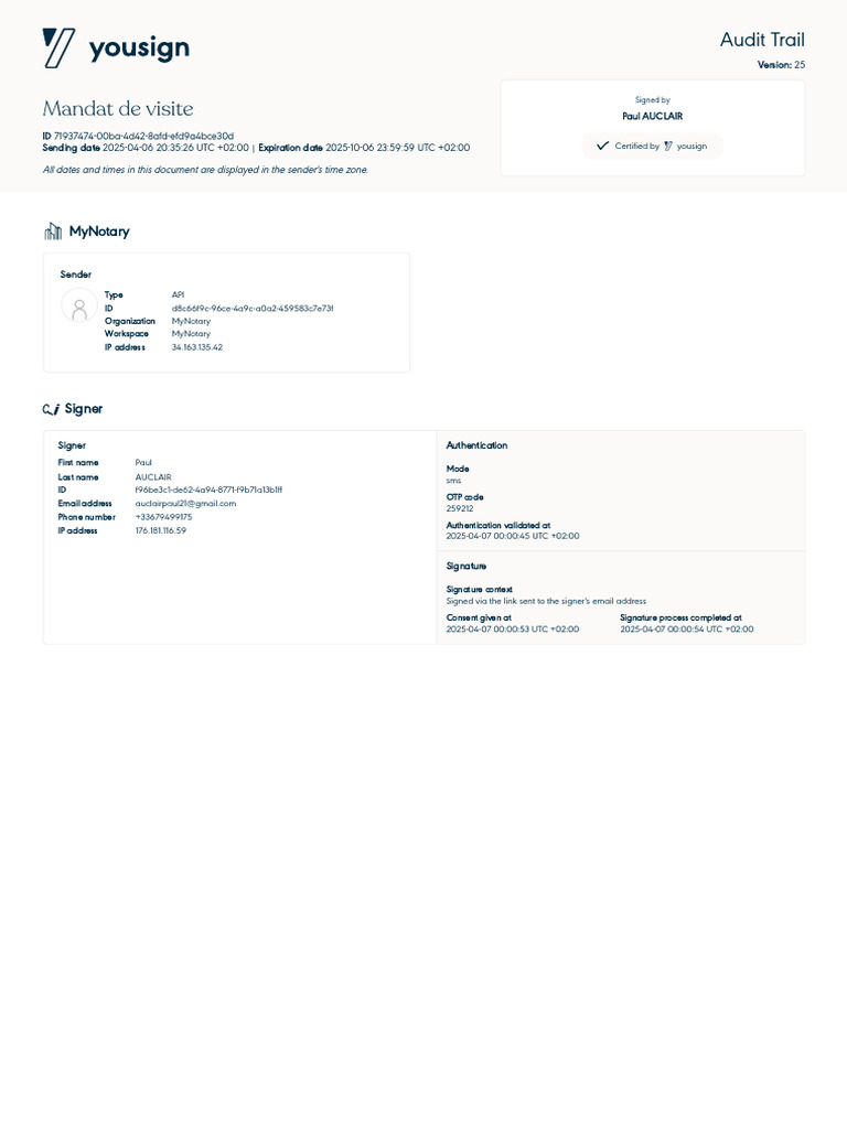 Mandat de Visite (Audit Trail For Paul AUCLAIR) | PDF | Authentication | Cyberspace