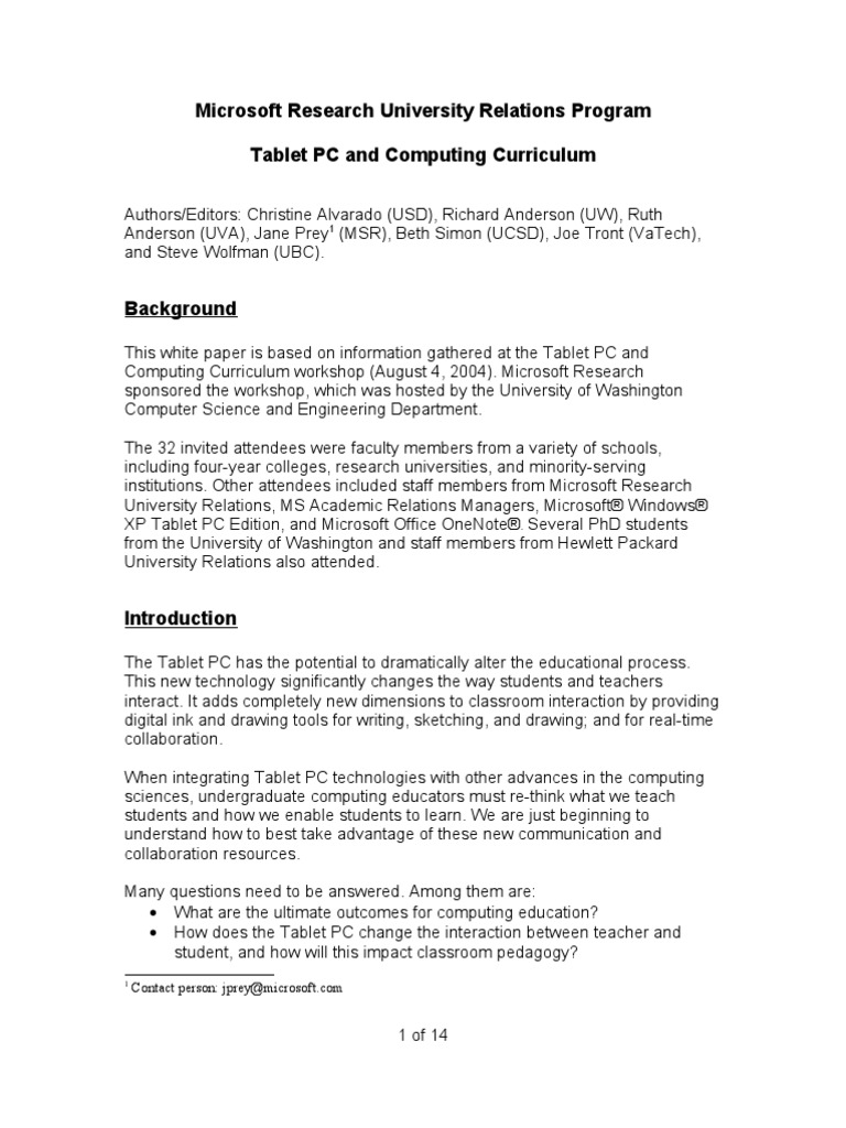 Microsoft Research University Relations Program Tablet PC and Computing ...
