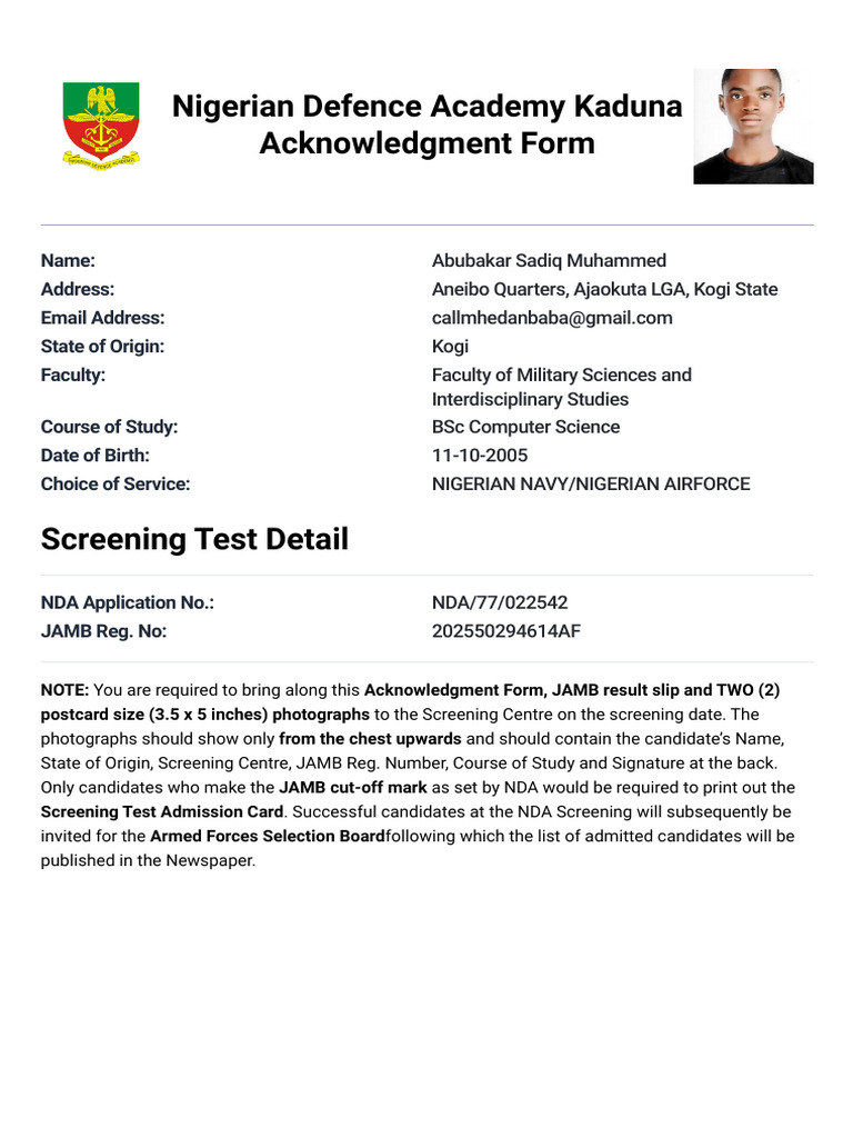 Abubakar Sadiq NDA 77 Regular Course Acknowledgement Form | PDF