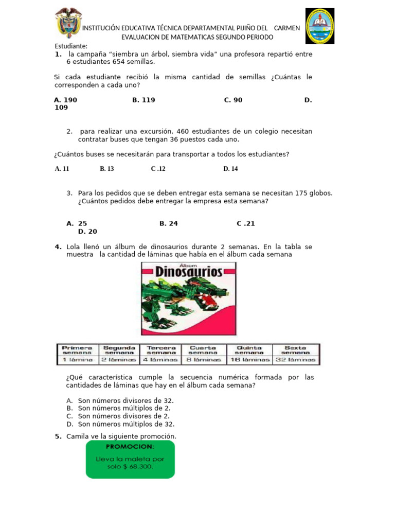 Evaluacion Segundo Periodo Matematica | PDF