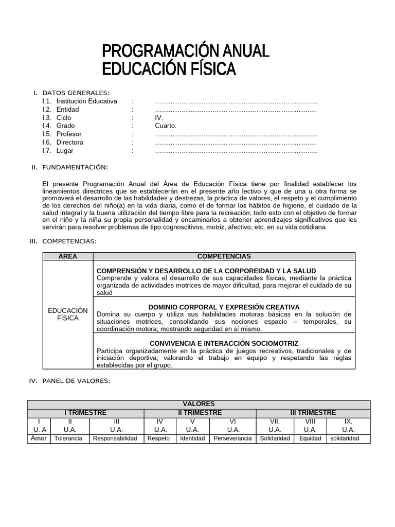 Programación Anual Cuarto Grado. | PDF | Flexibilidad (anatomía)