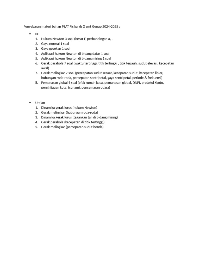 Penyebaran Materi Bahan PSAT Fisika Kls X SMT Genap 2024-2025 | PDF