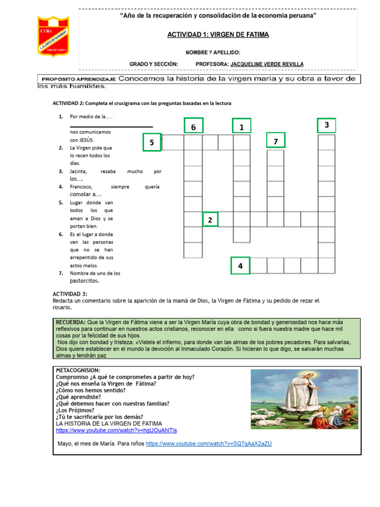 Ficha 2 - U 2 - Religion - Virgen de Fatima | PDF