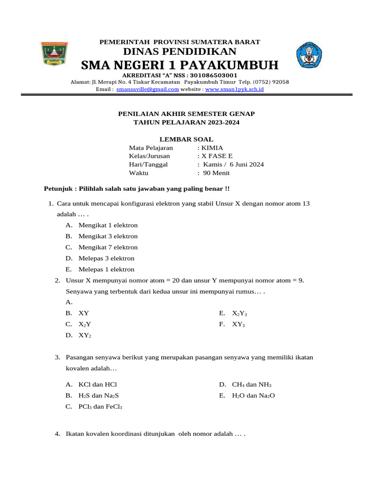 Soal Utama SM Genap Kimia X Fase e | PDF