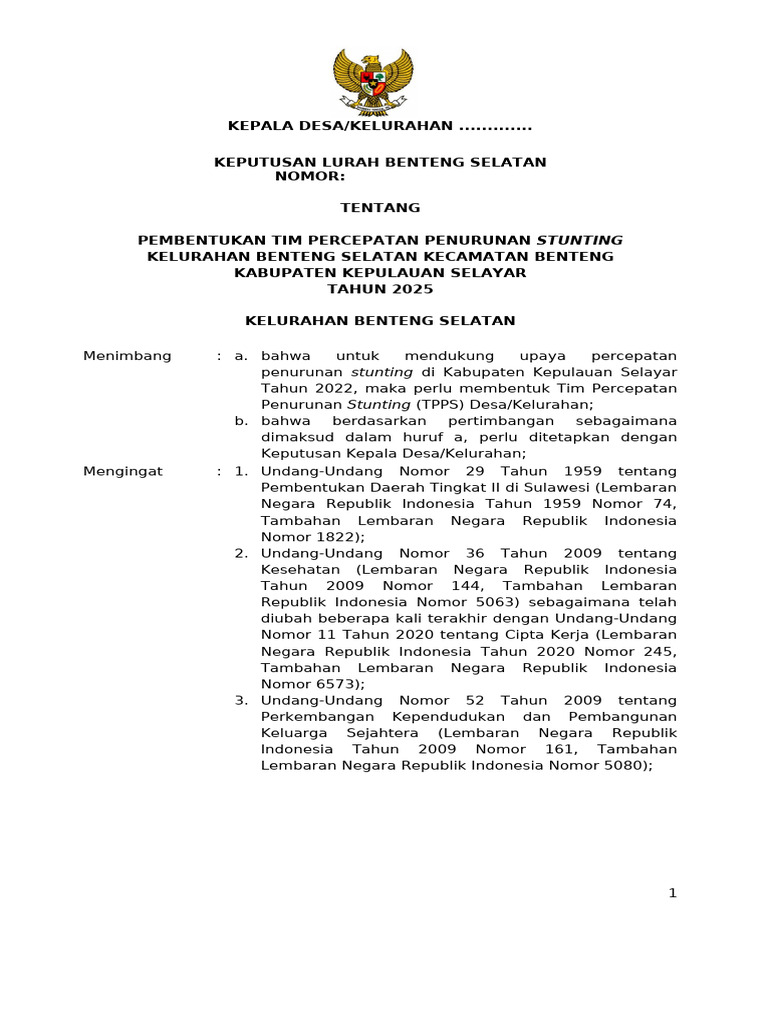 Pembentukan Tim Stunting 2025 Benteng Selatan | PDF