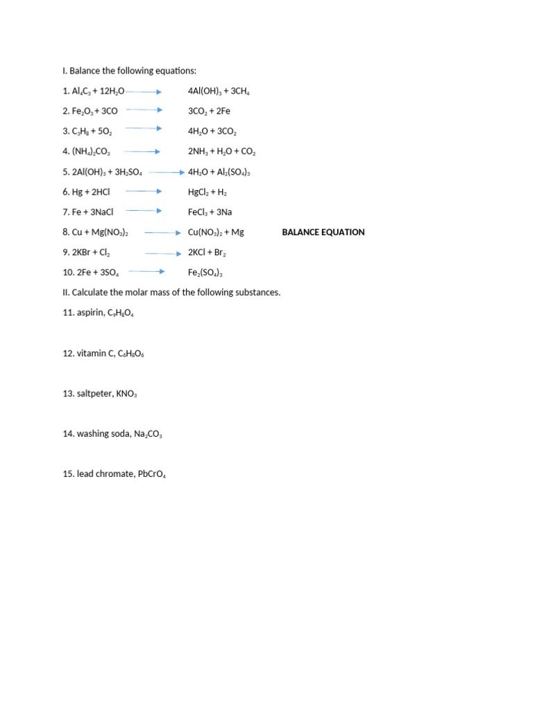 Chemical Equation Balancing & Molar Mass | PDF