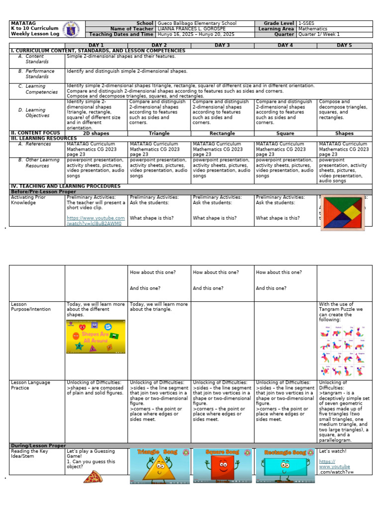 Matatag G1 Q1 DLL WEEK 1 MATH | PDF | Shape | Rectangle
