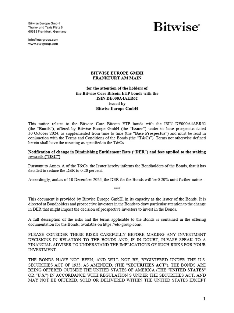 2024-12-09 BTC1 Notice To Bondholders | PDF | Bonds (Finance) | Securities (Finance)