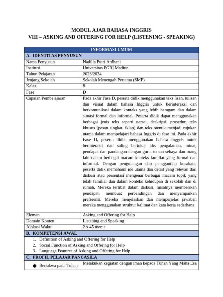 Modul Ajar 1 - Asking and Offering For Help VIII | PDF