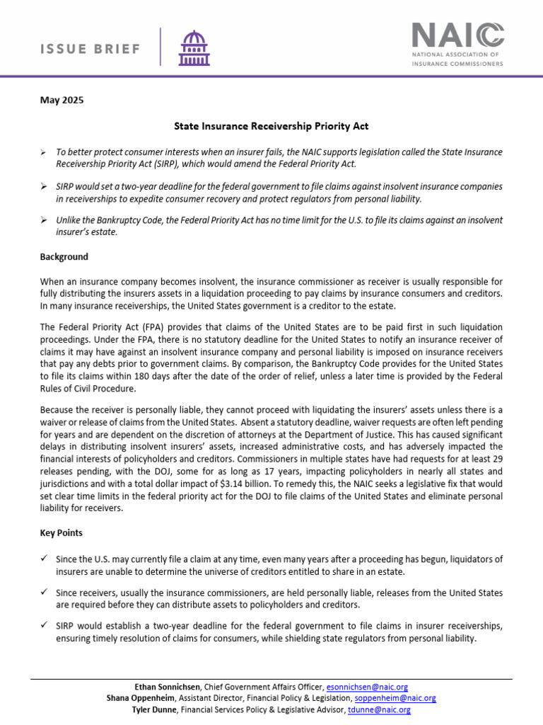 State Insurance Receivership Priority Act | PDF | Bankruptcy | Receivership
