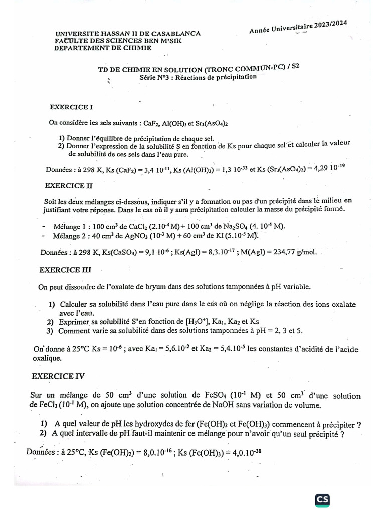 Chimie en Solution Serie 3 | PDF