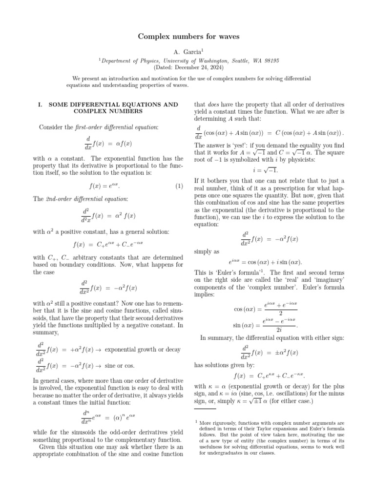 Complex Numbers For Waves | PDF | Waves | Electromagnetic Radiation