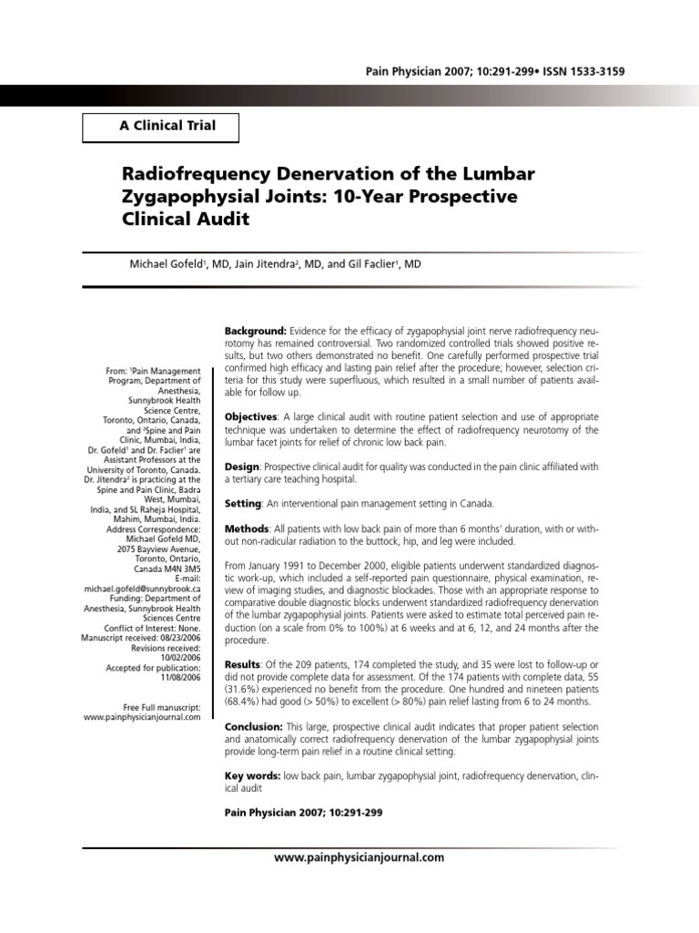 Radiofrequency Denervation of The Lumbar Zygapophysial Joints | PDF ...