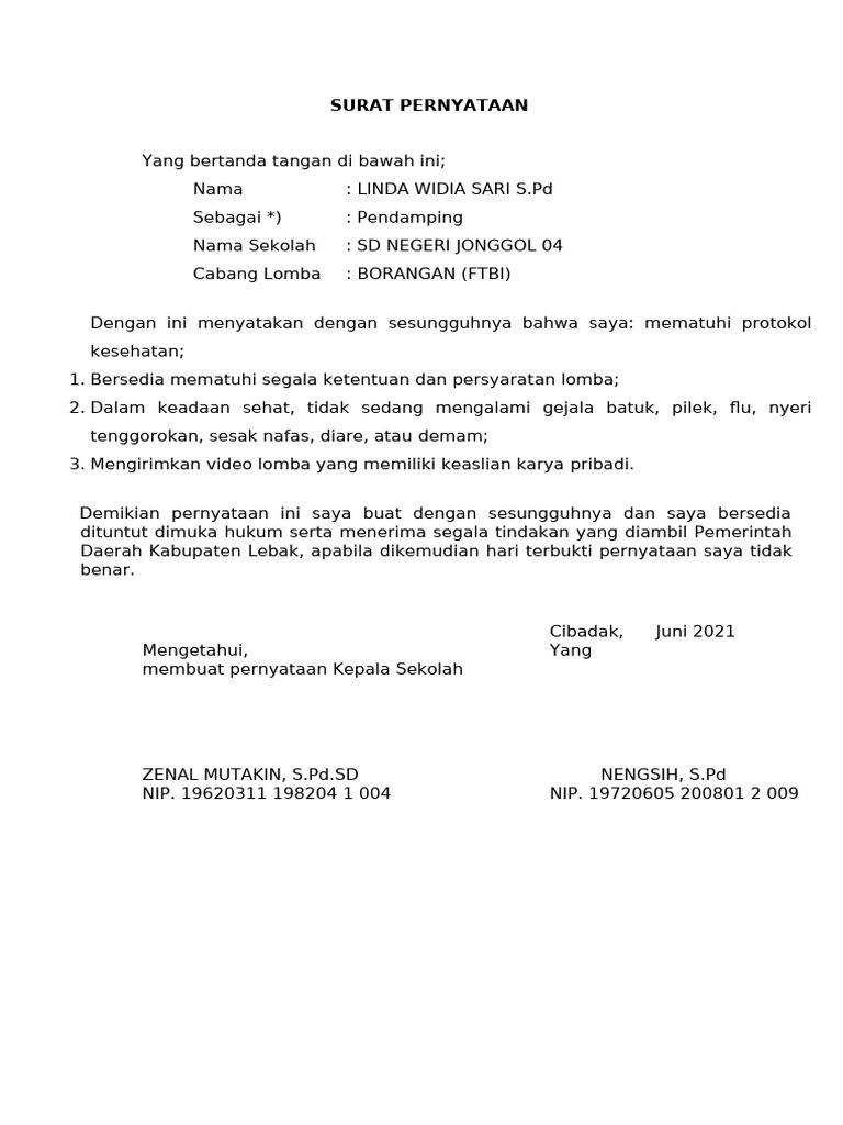 Surat Pernyataan Pendamping Lomba FLS2N PANTOMIM SDN 1ASEM | PDF
