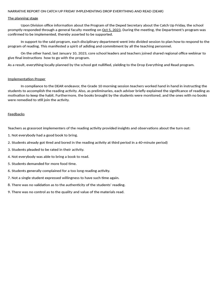 Narrative Report On Catch Up Friday Implementing Drop Everything and ...