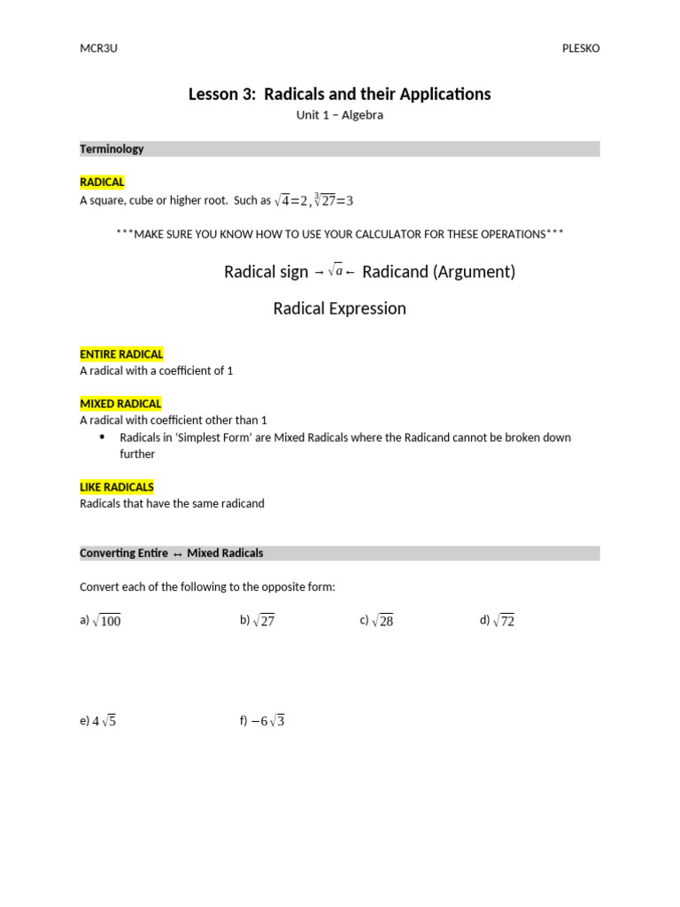 L3 - Radicals and Their Applications | PDF | Square Root | Mathematical Analysis