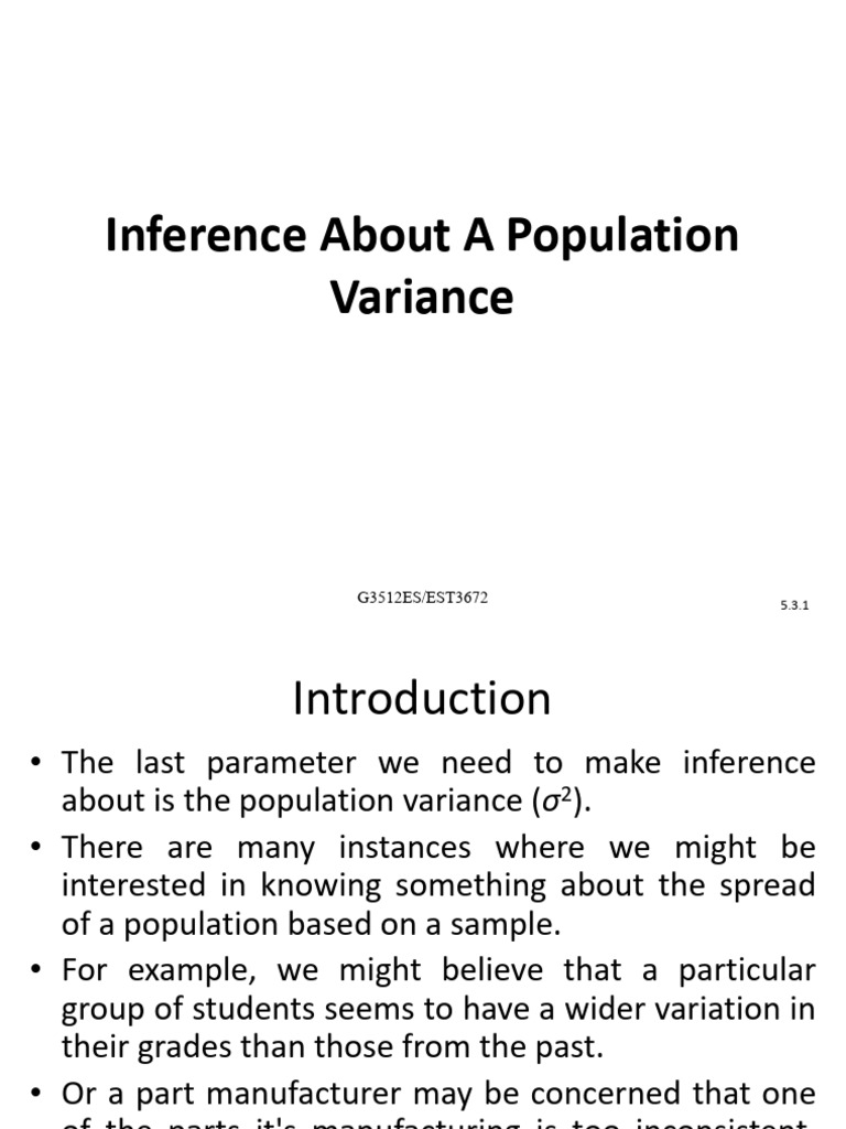 Lecture 5c. Inference About The Population Variance | PDF | Variance | Chi Squared Distribution
