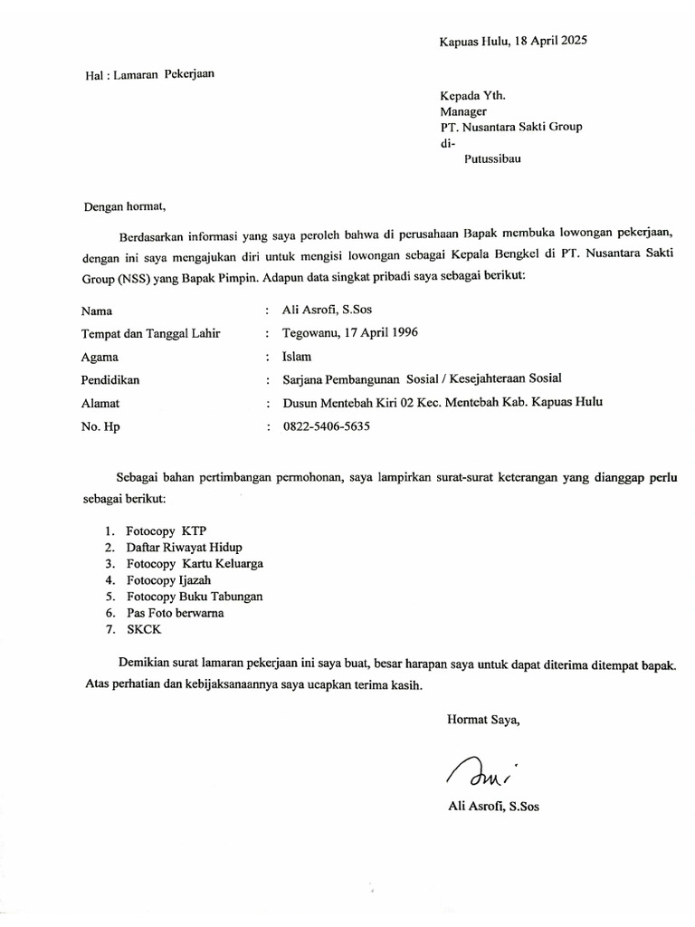 Berkas Lamaran Ali Asrofi | PDF