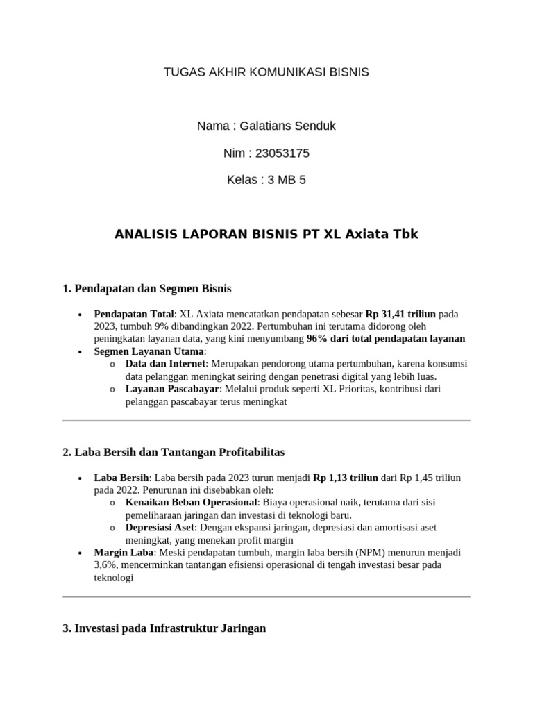 Analisis Laporan Bisnis PT XL Axiata TBK - Lydo Senduk | PDF