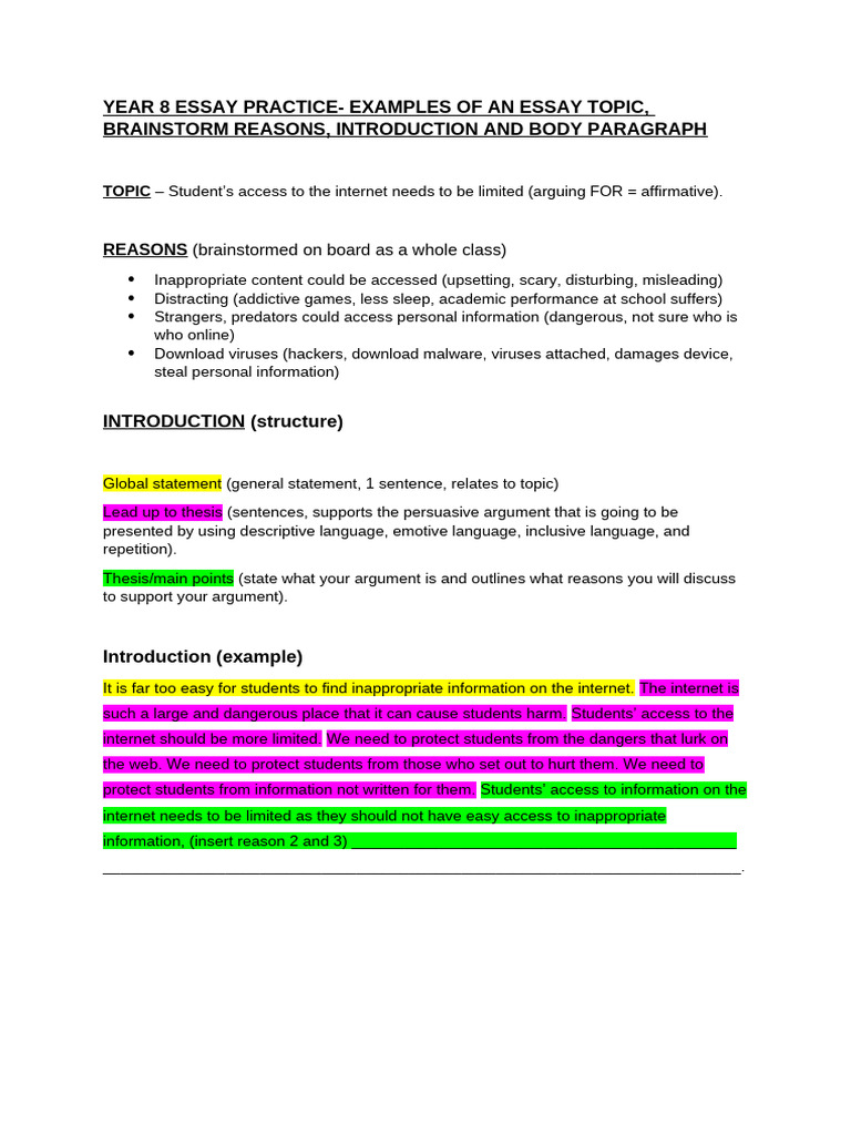 YR 8 ENGLISH - ESSAY PRACTICE TOPIC - WITH EXAMPLES (From Class) | PDF ...