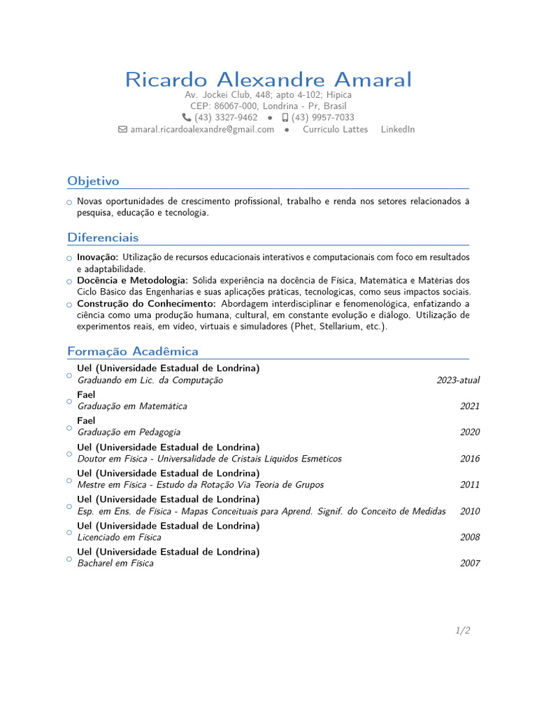 Modelo Curriculo RICARDO ALEXANDRE AMARAL | PDF | Física | Pedagogia