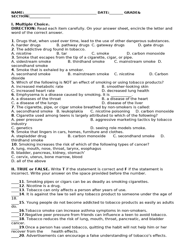 Health 8 Quiz Gateway Drugs | PDF | Smoking | Tobacco