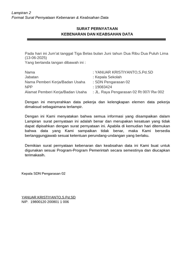 BSU 2025 - Surat Pernyataan Keabsahan & Kebenaran Data | PDF