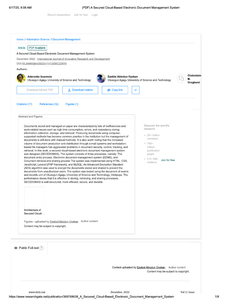 (PDF) A Secured Cloud-Based Electronic Document Management System | PDF