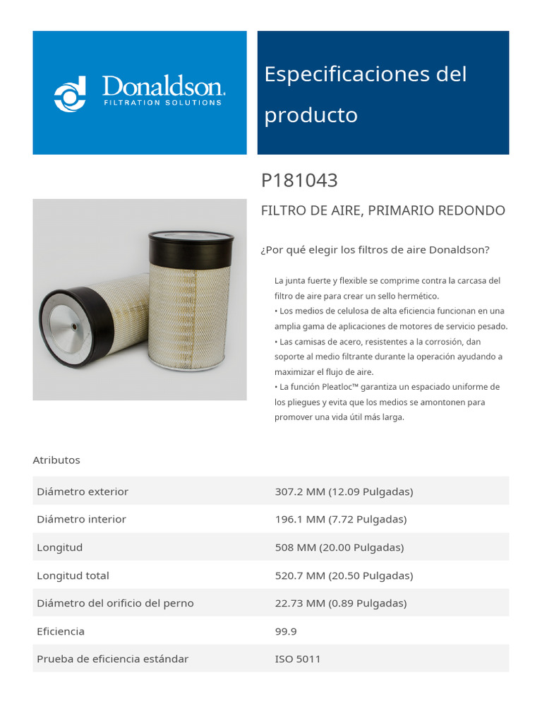 Ficha Tecnica P181043 - I Rand FLTR Element 39207964 | PDF