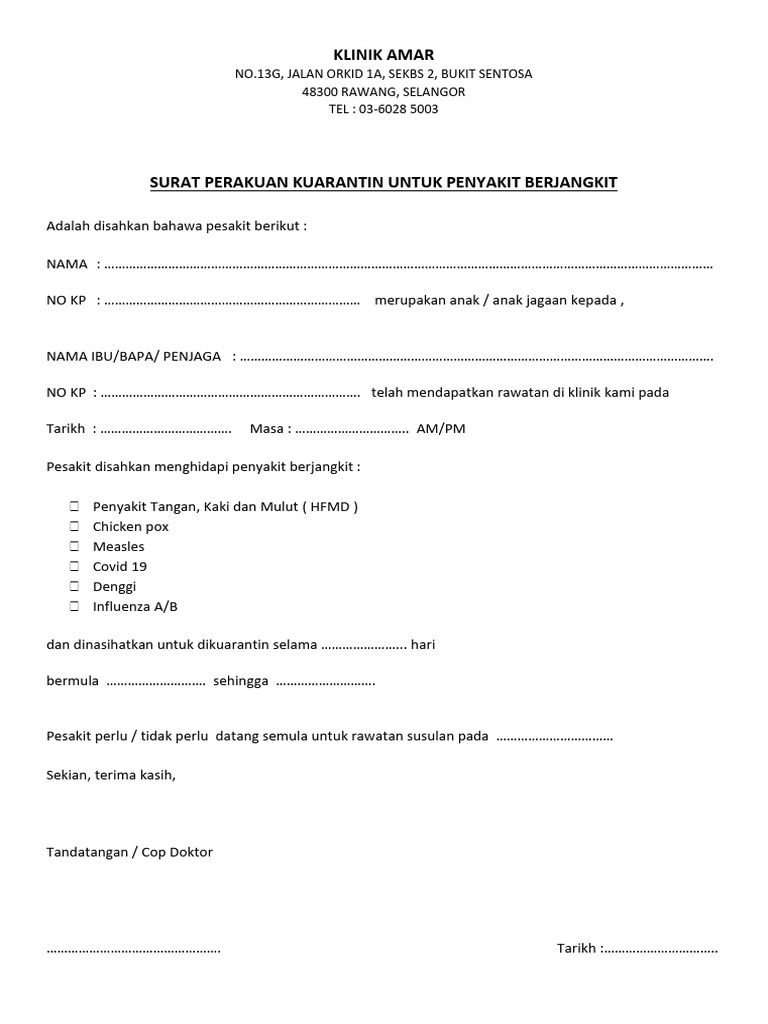 Surat Perakuan Kuarantin Penyakit Berjangkit | PDF
