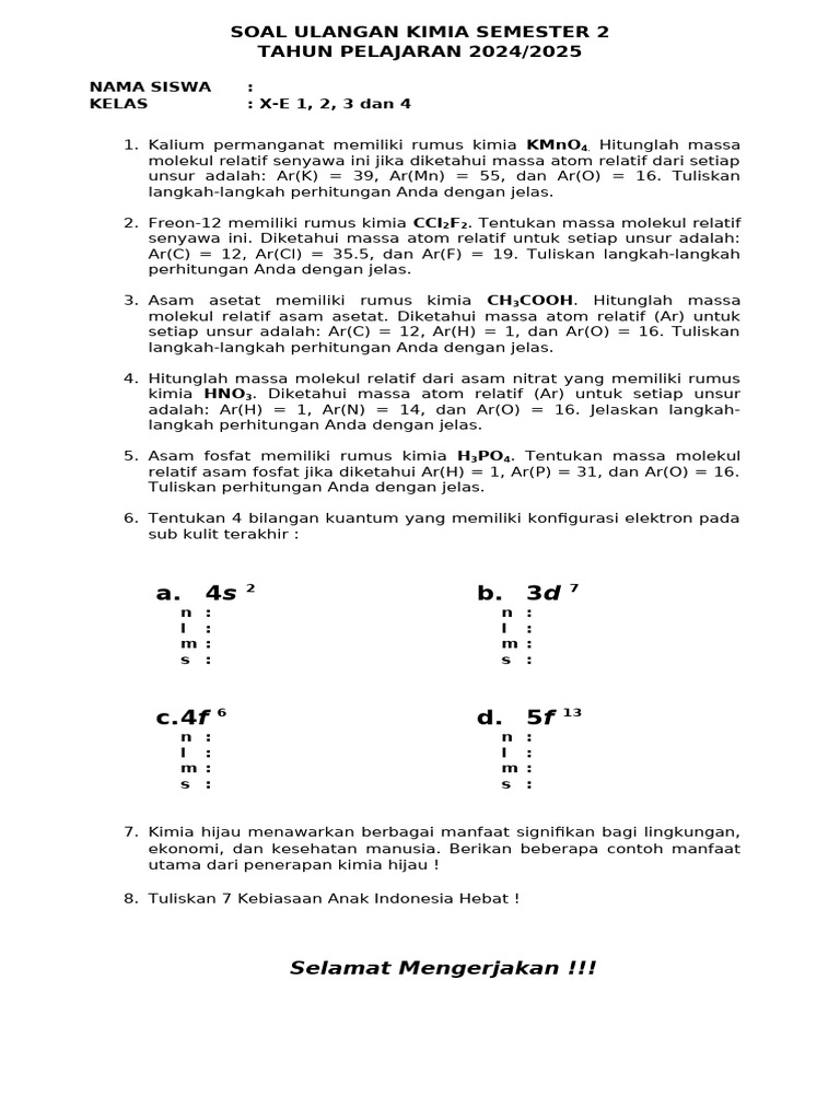 Soal Ulangan Smstr 2 Kelas x Kimia 2025 | PDF