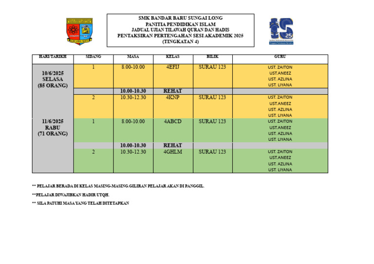 Jadual Utqh Ppsa t4 (2025) | PDF