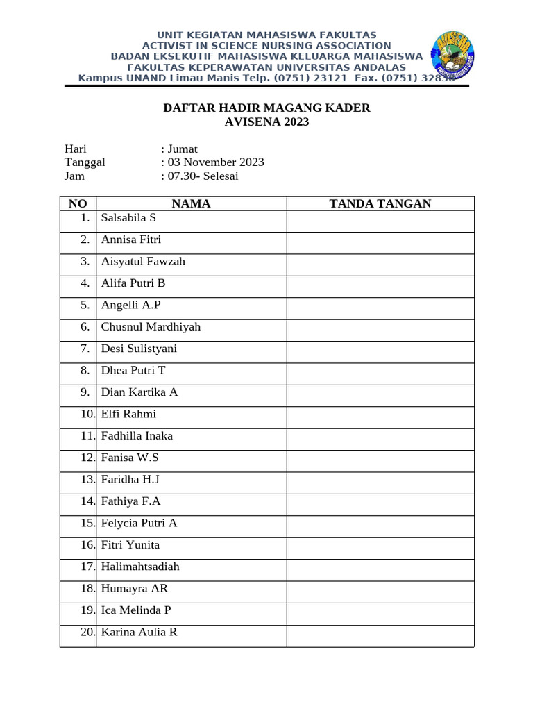 Daftar Hadir Magang Kader | PDF