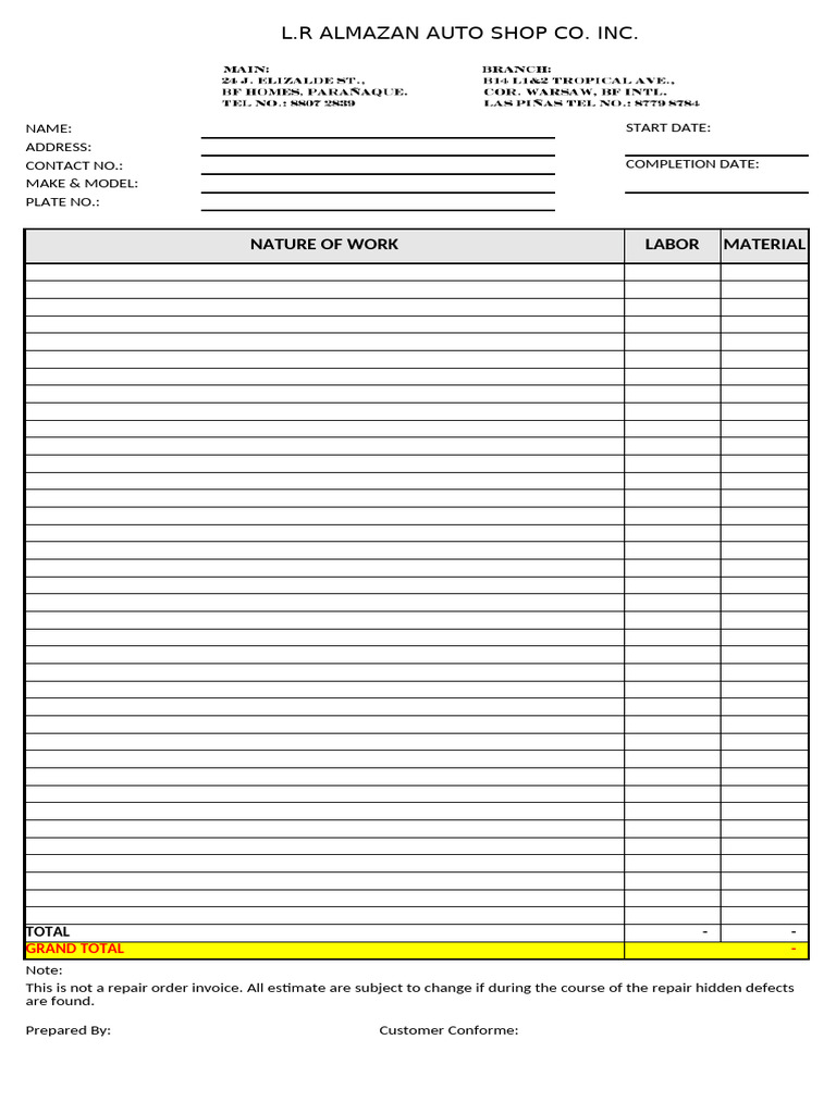 Auto Shop Job Order Template | PDF