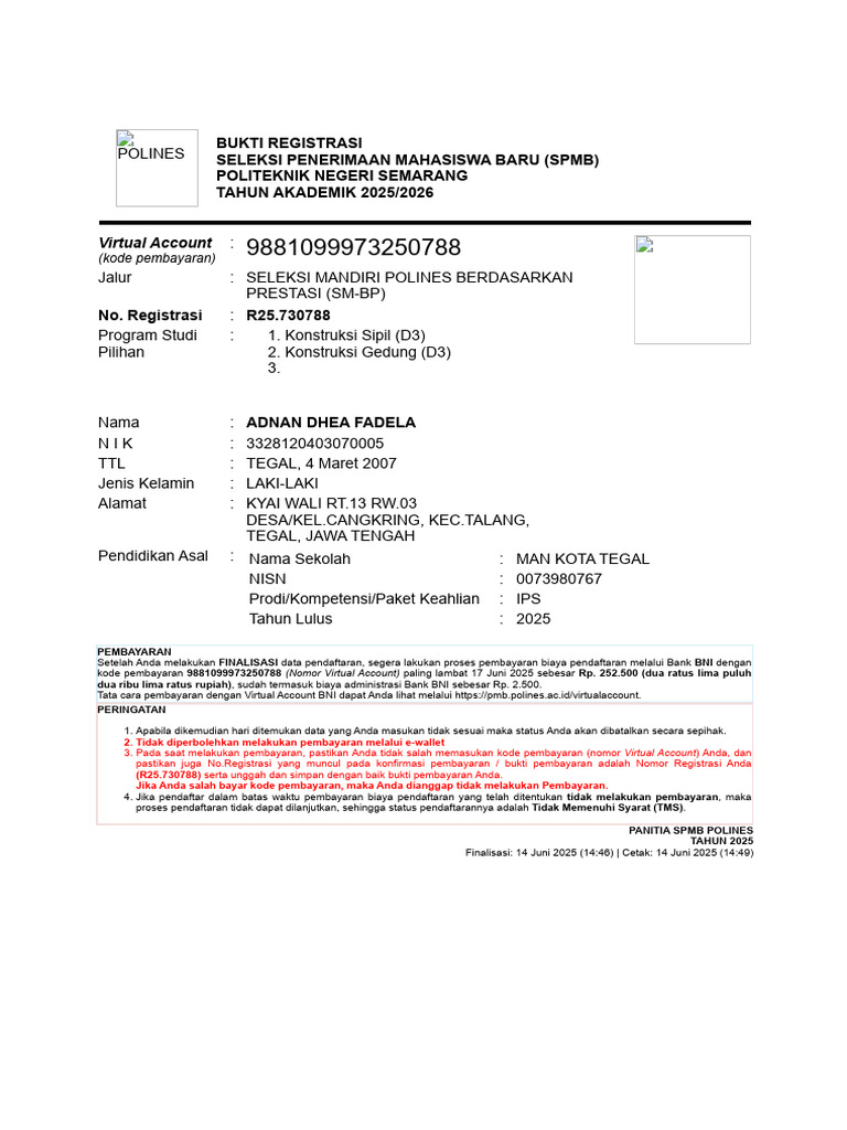 SPPMB Polines _ Cetak Bukti Registrasi | PDF