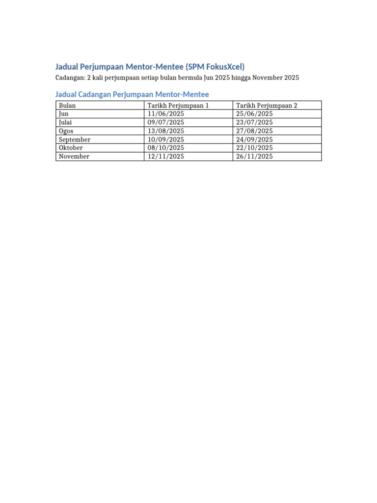 Jadual Perjumpaan Mentor Mentee Jun Nov 2025 | PDF