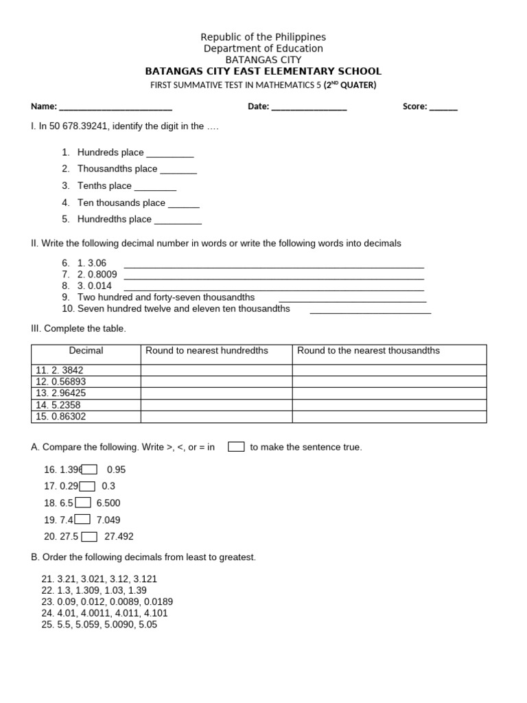 Summative Test Math 5 Q2 | PDF | Mathematics | Arithmetic