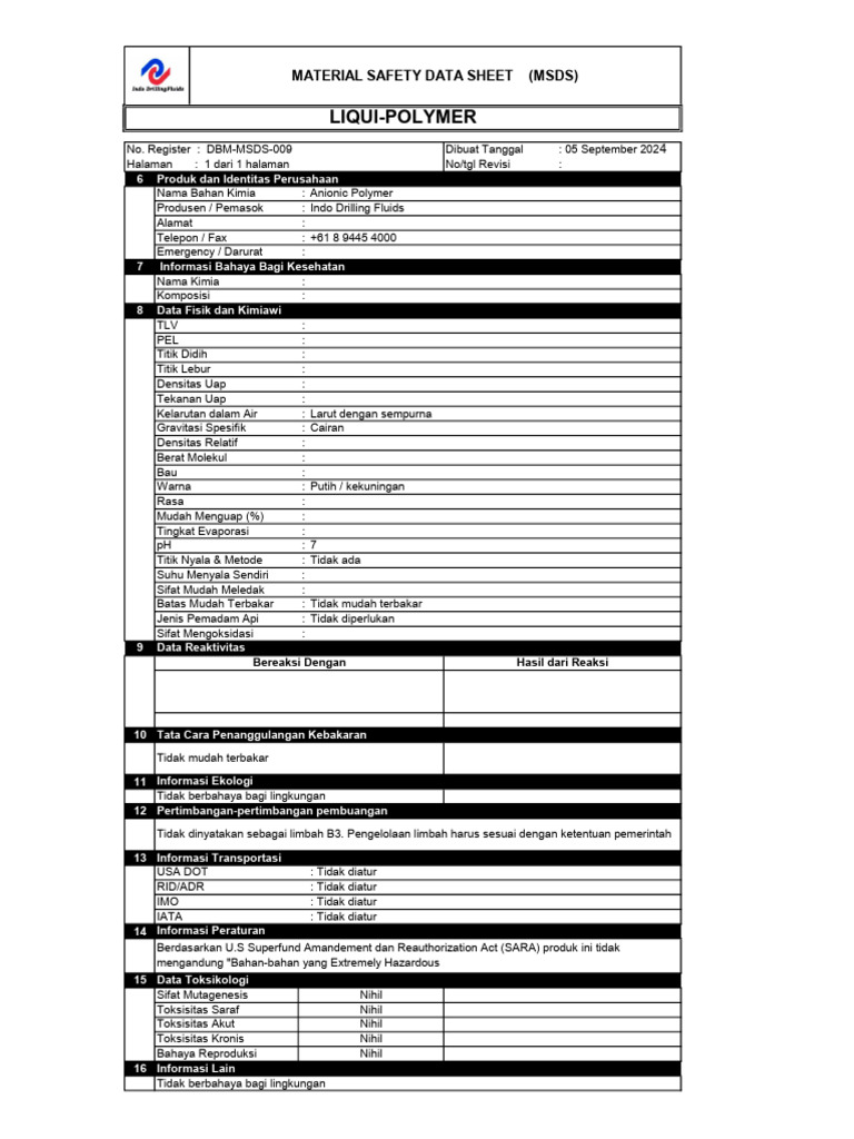 MSDS Anionic Polymer Indo Drilling | PDF