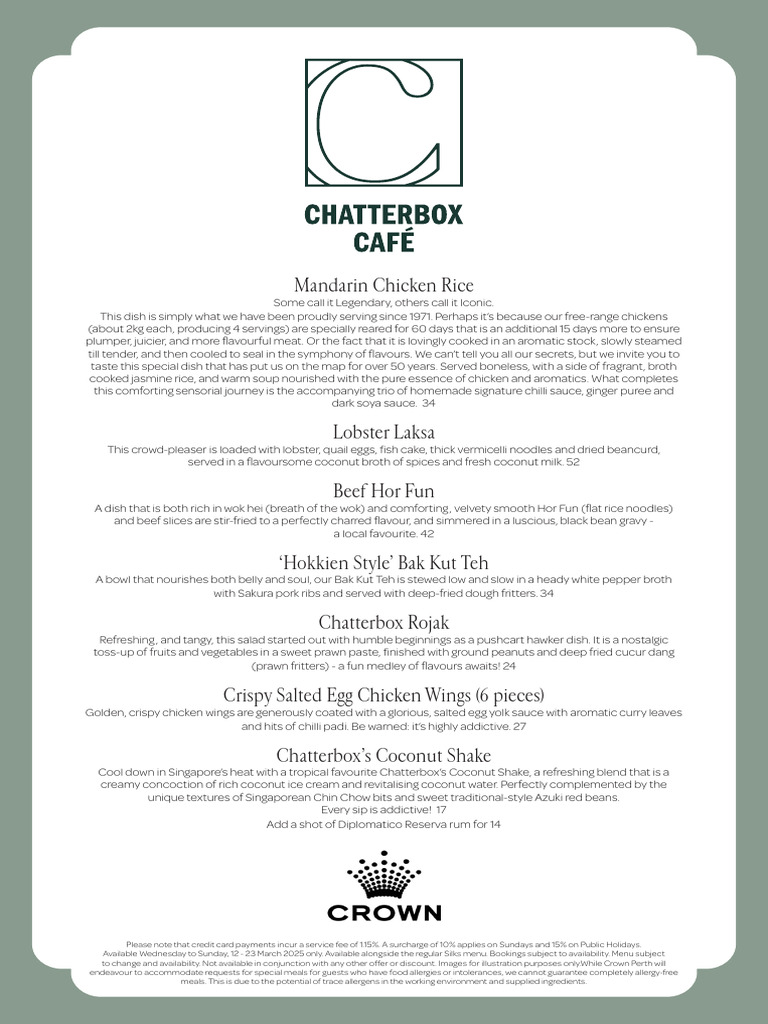 Crown Perth Restaurant Silks Chatterbox Menu | PDF | Cooking | Foods