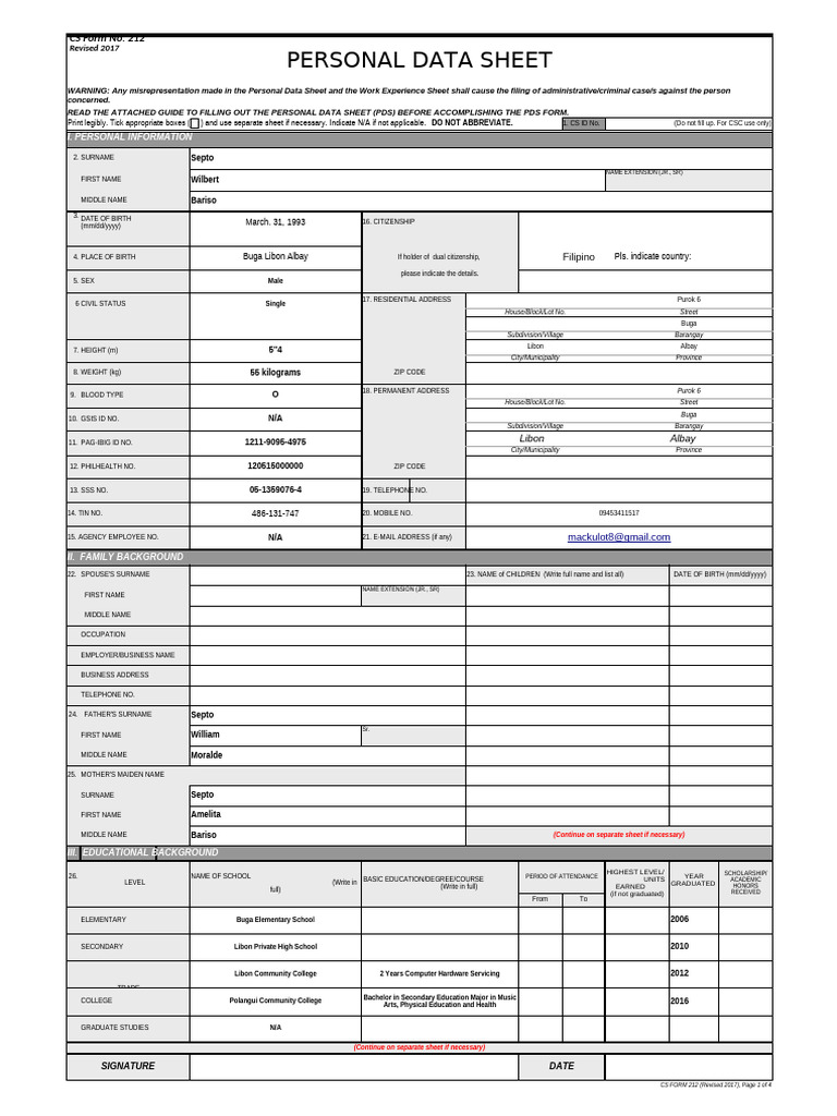 CS Form No. 212 Personal Data Sheet Revised | PDF